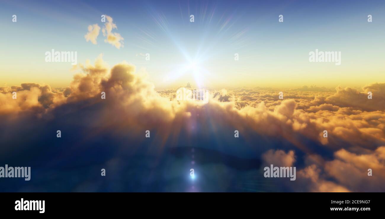 Beautiful aerial view above clouds with sunset. 3d illustration Stock ...