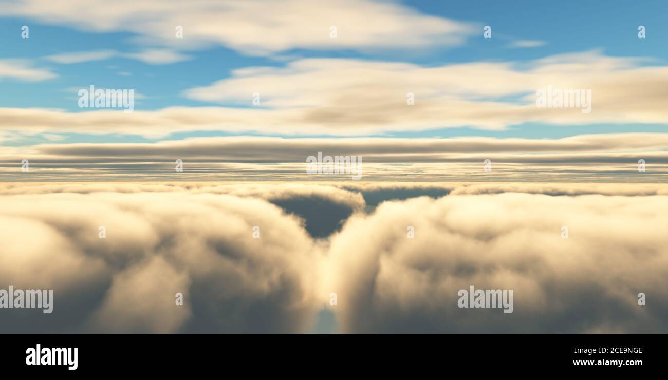 Beautiful aerial view above clouds with sunset. 3d illustration Stock ...