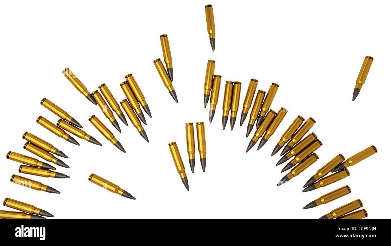 3d render illustration of shiny golden bullets cartridges laying on the ...