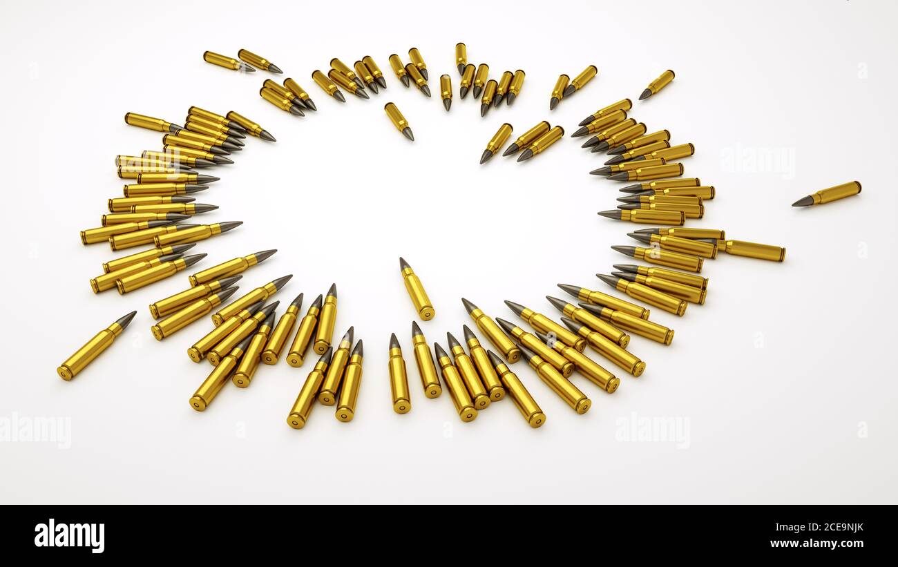 3d render illustration of shiny golden bullets cartridges laying on the ...