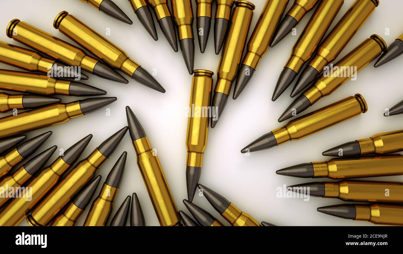 3d render illustration of shiny golden bullets cartridges laying on the ...