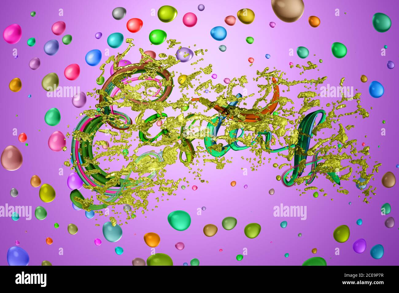 Happy Easter background with glass word decorated by eggs, water splash ...