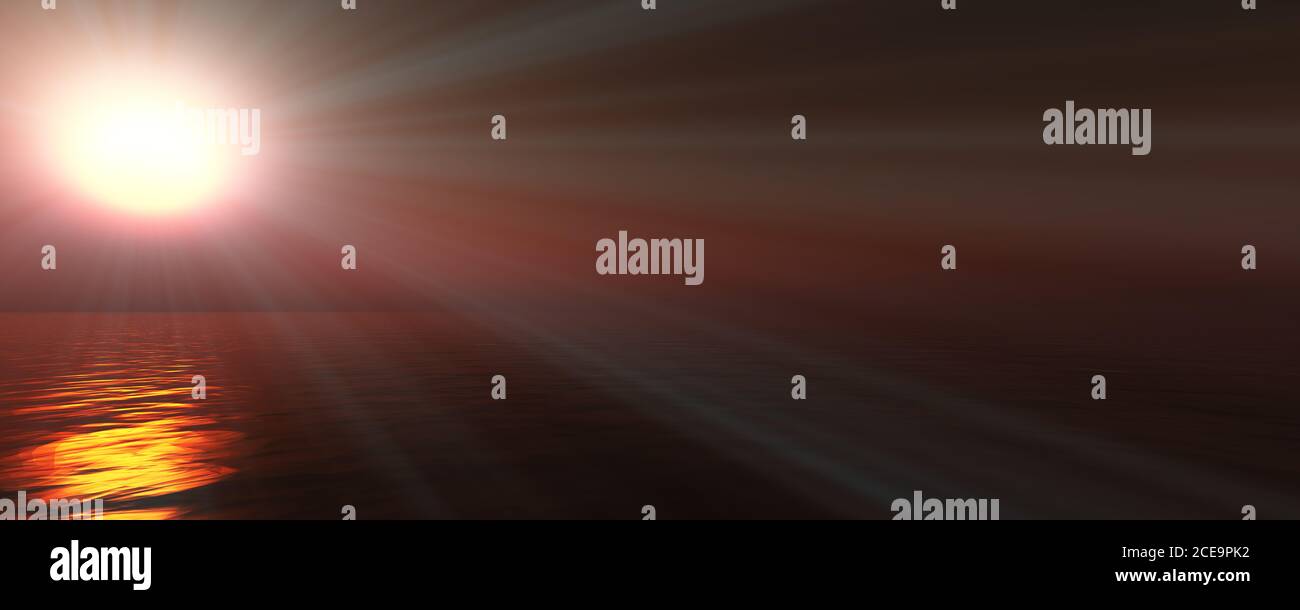 sunset sea sun ray clear sky, 3d rendering illustration Stock Photo - Alamy