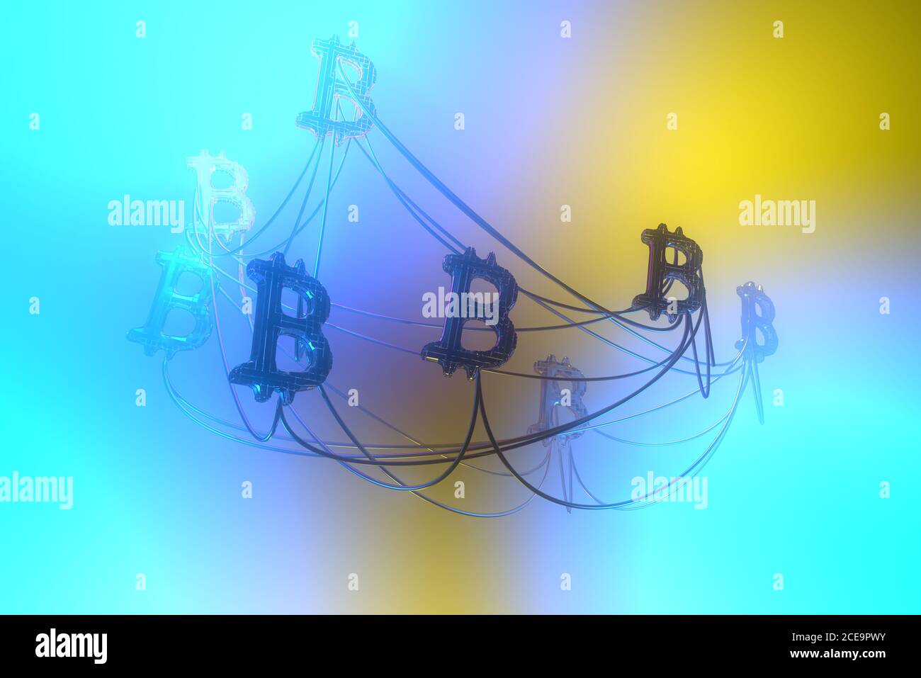 Golden bitcoin signs flying in the air and connected to each other by ...