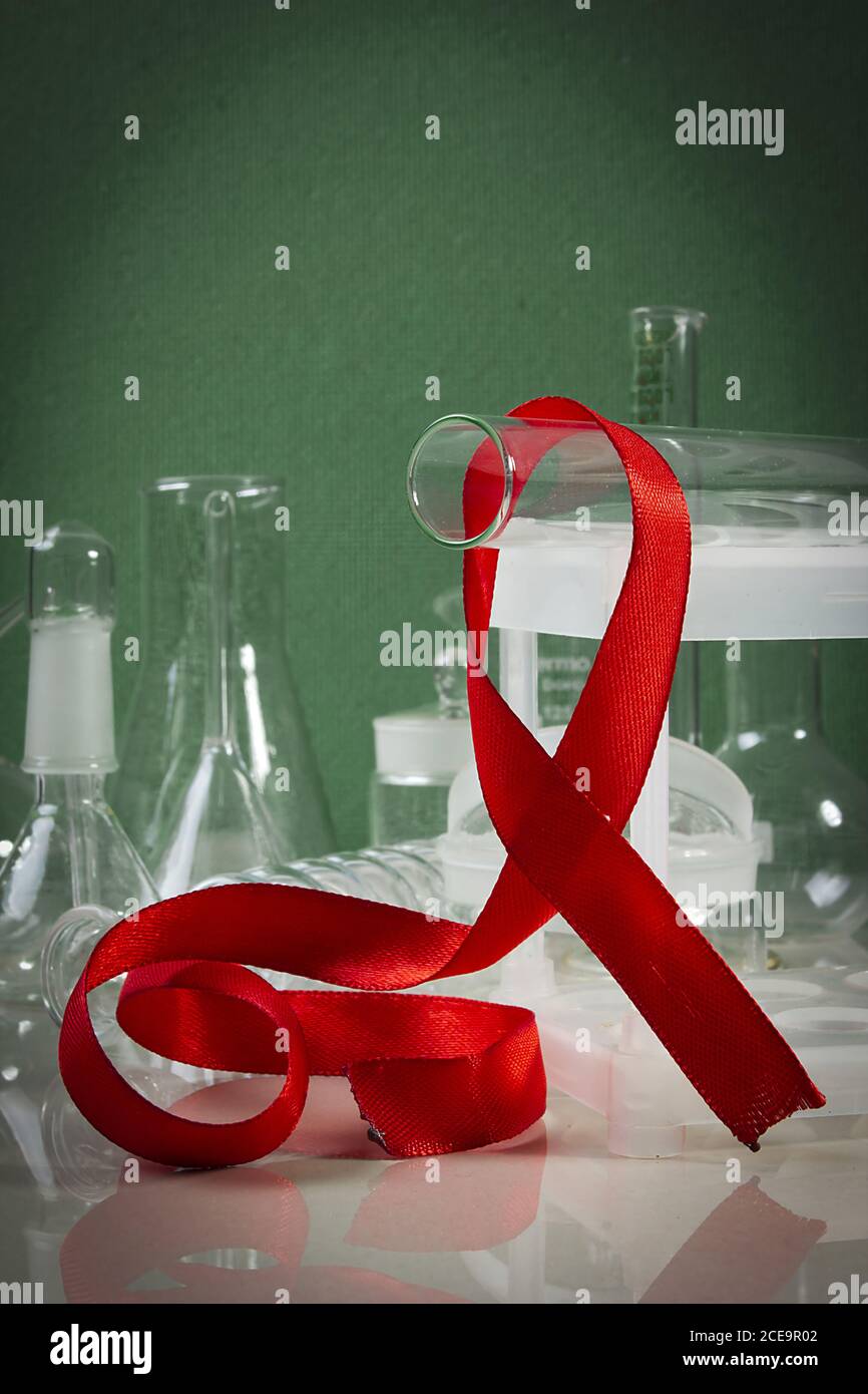 Labware and Red Ribbon Stock Photo - Alamy