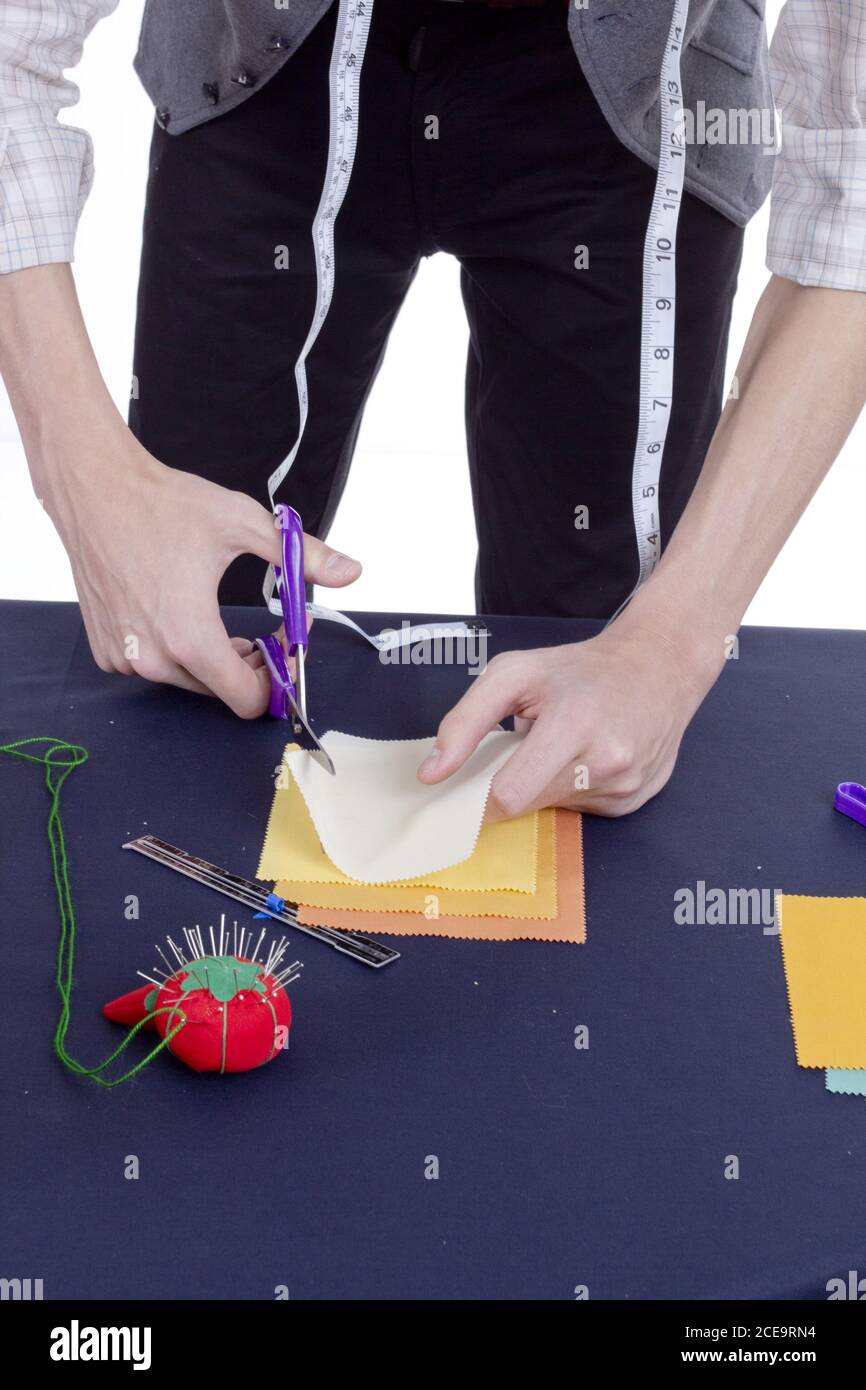 Desktop tailor with tools Stock Photo - Alamy