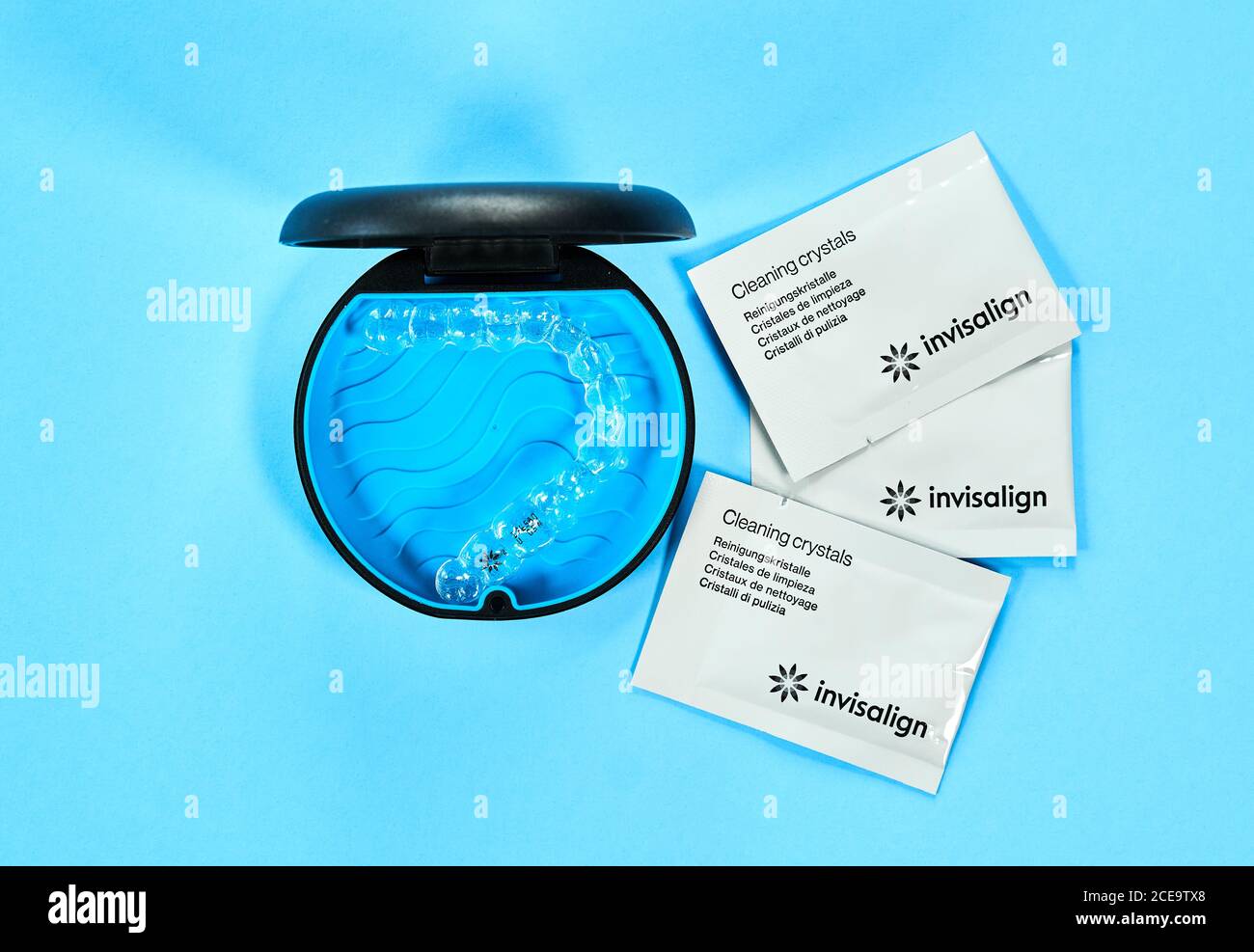 Montreal, Canada - August 28, 2020: Align aligners with cleaning ...