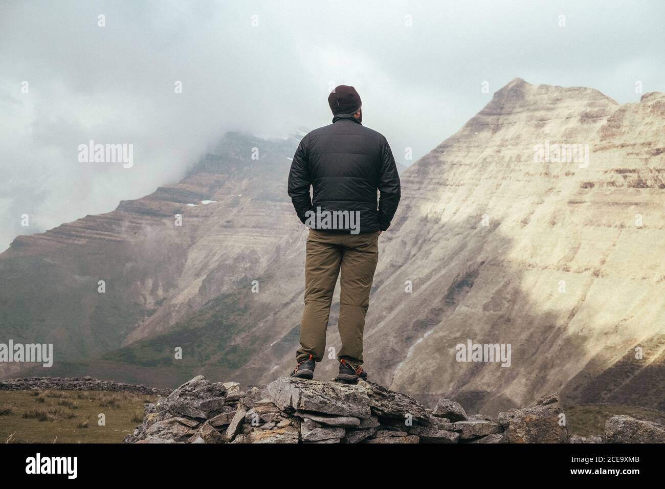 Back View Male Standing Castro Valnera Mountain Between Mist Burgos ...