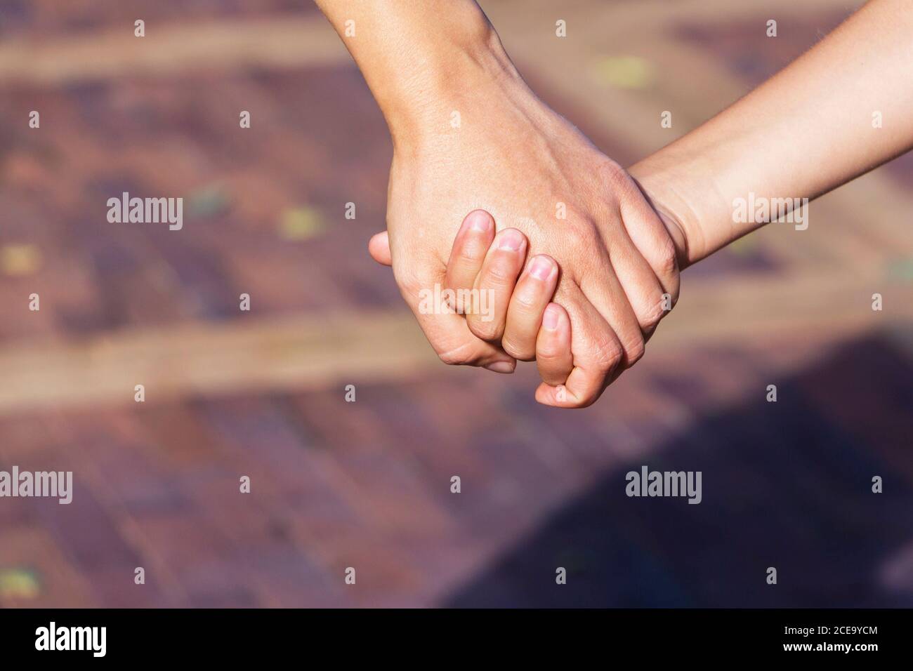Close up of mother or older sister and a child hands at the sunset with ...