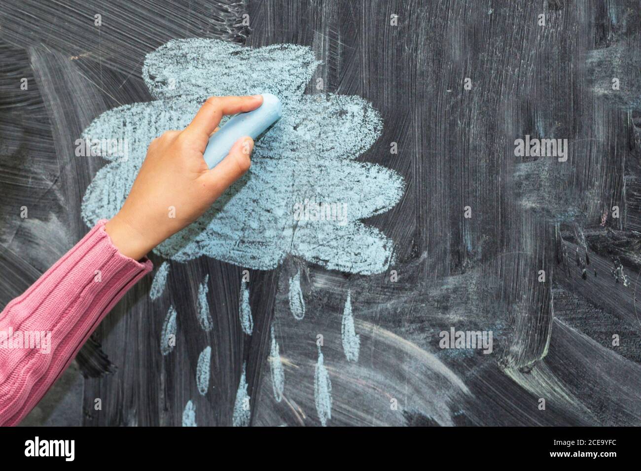 A cloud and a rain drawn with chalk on a blackboard Stock Photo - Alamy