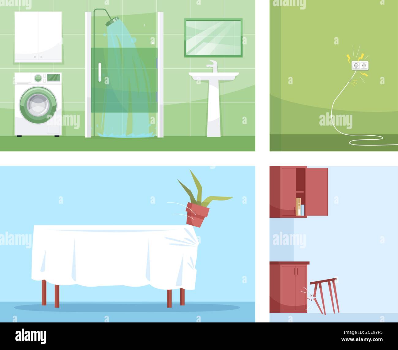 Widespread home accidents semi flat vector illustration set Stock ...