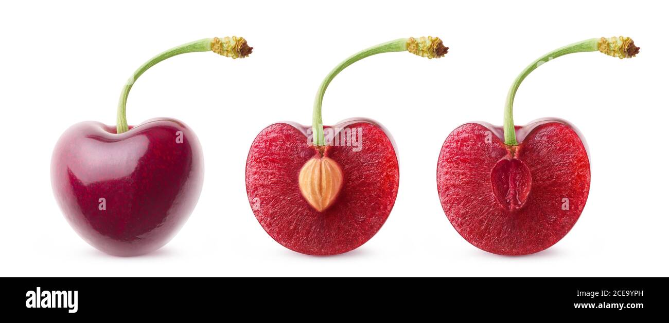 Isolated cherries in a row. Whole sweet cherry and cherry halves with ...