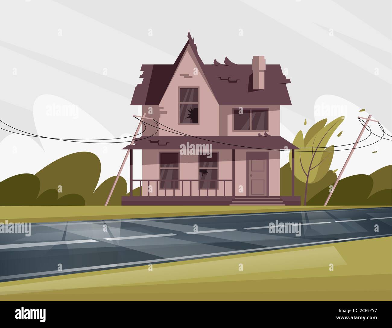 Shabby house with broken windows and roof semi flat vector illustration ...
