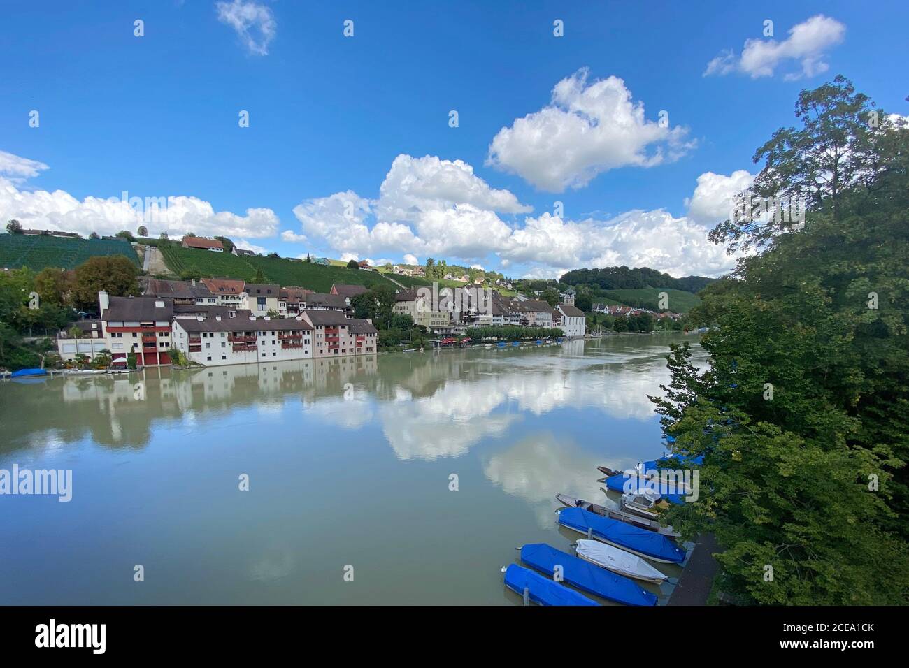 View of the Rhine and the town of Eglisau. Eglisau is a small town and ...