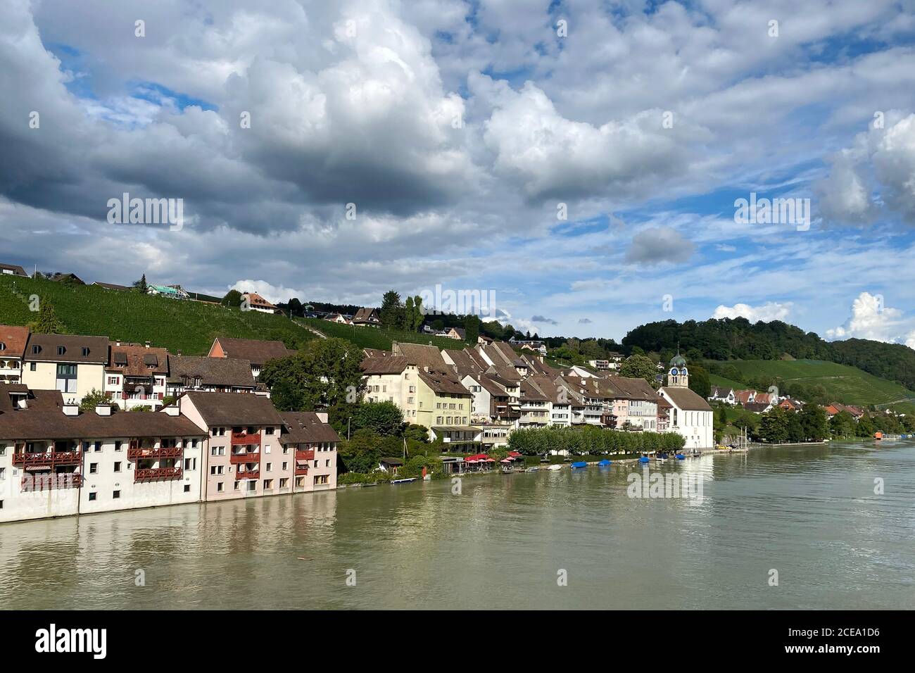 View of the Rhine and the town of Eglisau. Eglisau is a small town and ...