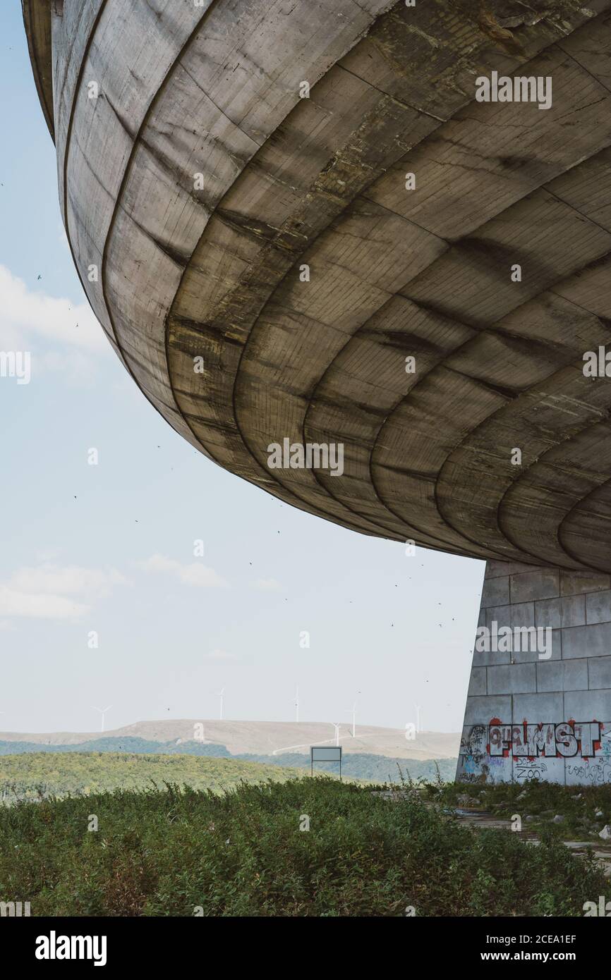 Huge concrete building standing in magnificent countryside in Bulgaria ...