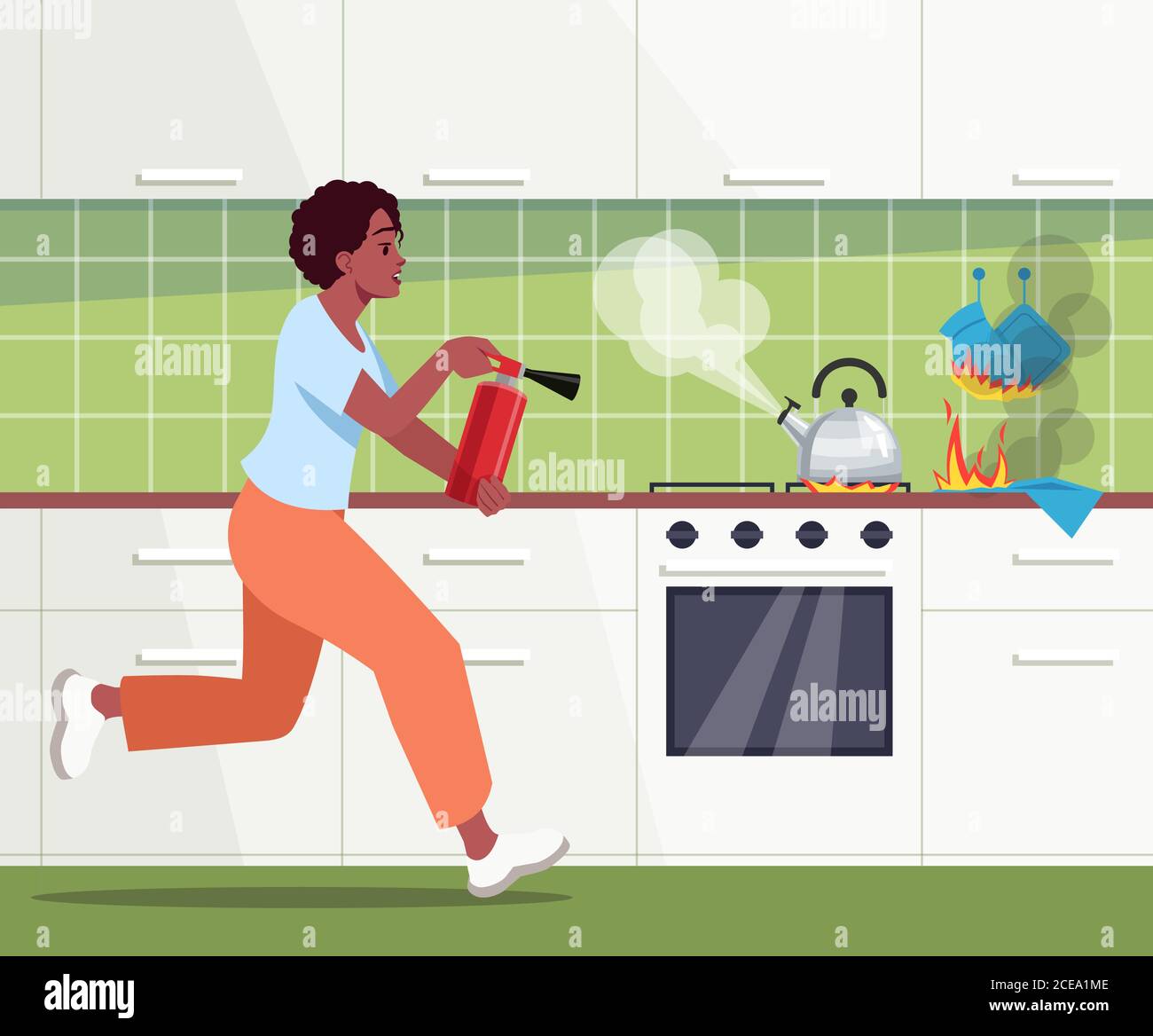 Afro american woman running with fire-extinguisher in hands Stock ...