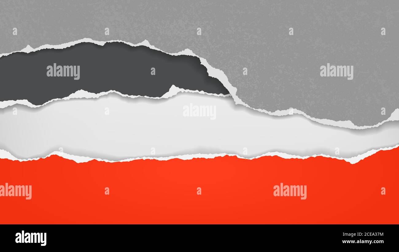 Pieces of torn, ripped red, black and grey paper with soft shadow are ...