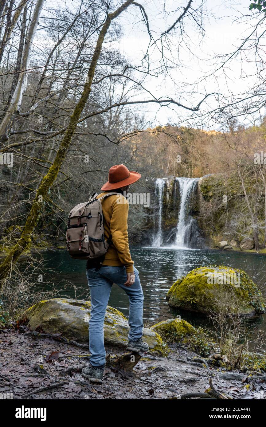 Back view of man with backpack stretching out arms and admiring ...