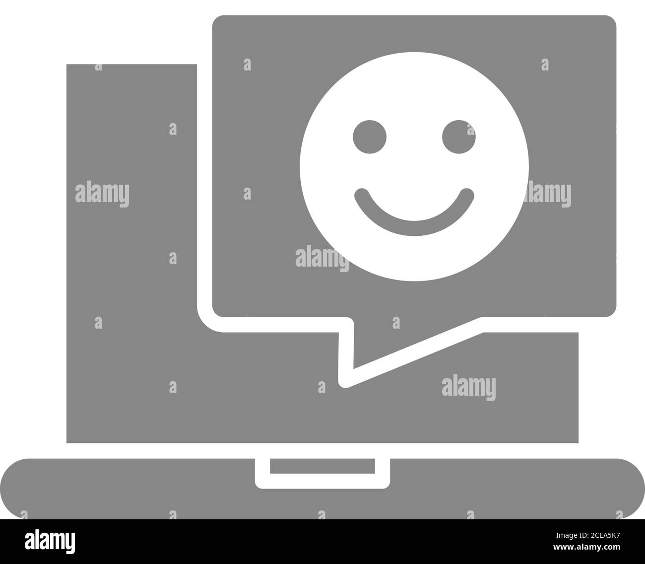 Laptop with happy face in chat bubble gray icon. Customer satisfaction ...