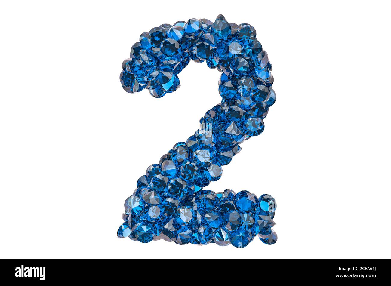 Number 2 from blue diamonds or sapphires with brilliant cut. 3D ...