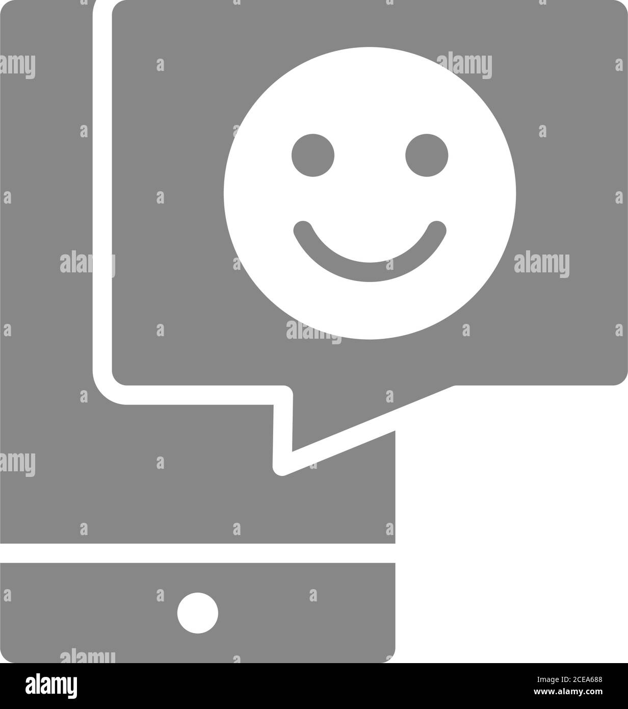 Smartphone with happy face in chat bubble grey icon. Client ...