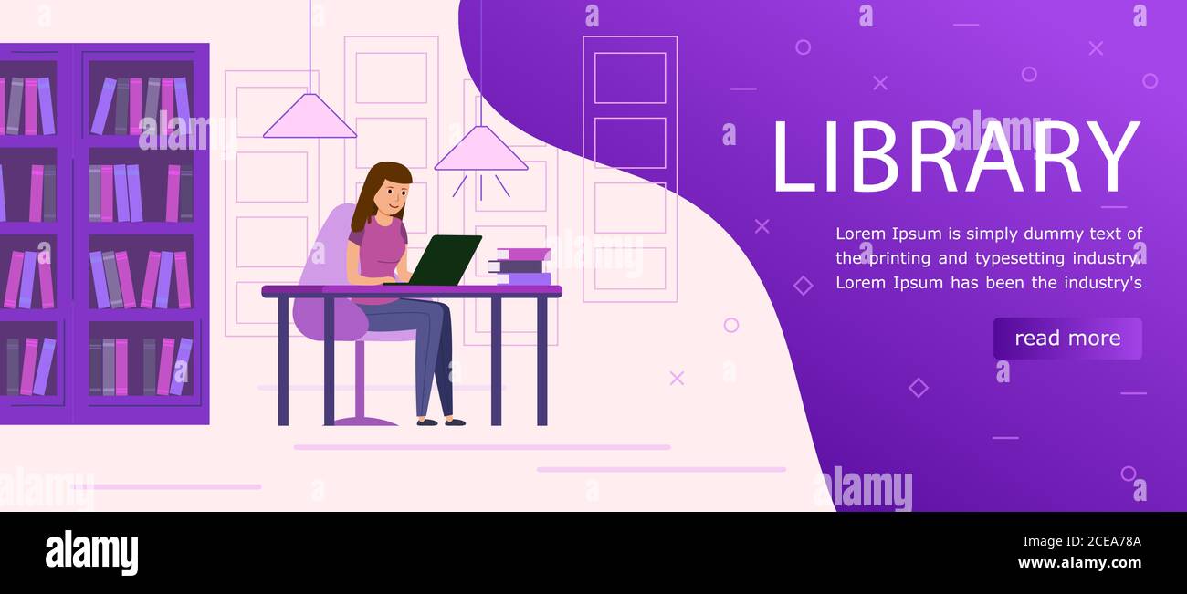 Landing page template. Young Woman Sitting in Library and learning ...