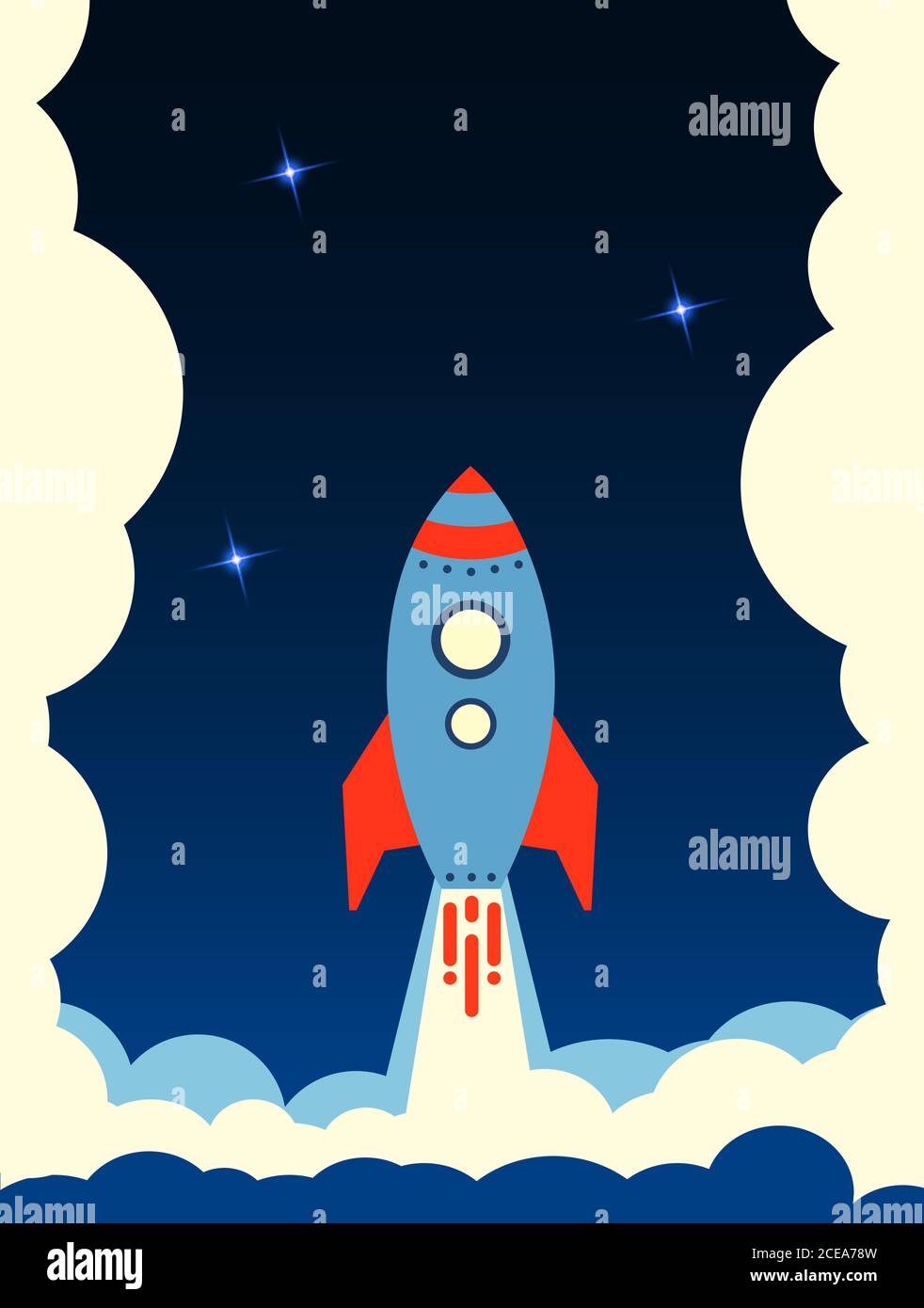 Blue rocket takes off into stars space in a cloud of steam. rocket ...