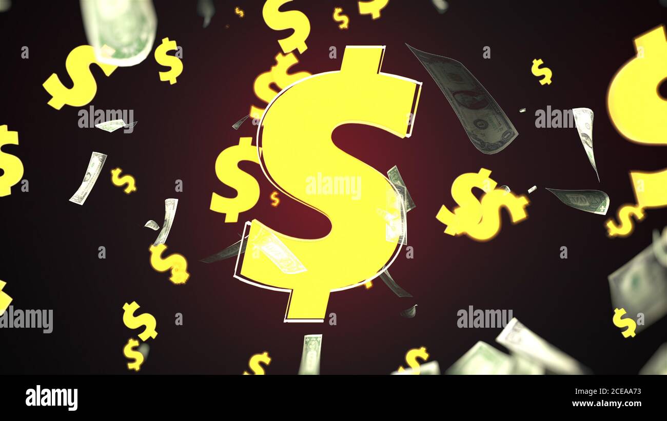 USA dollars symbols and many flying bills, computer generated. 3d ...