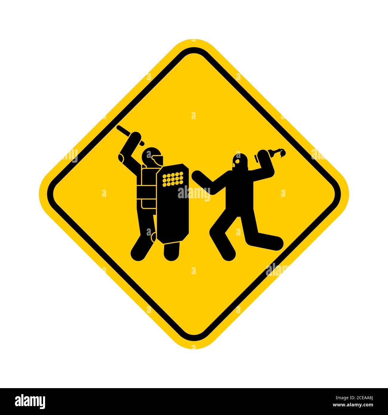Attention police arbitrariness. Warning yellow road sign. Caution riot ...