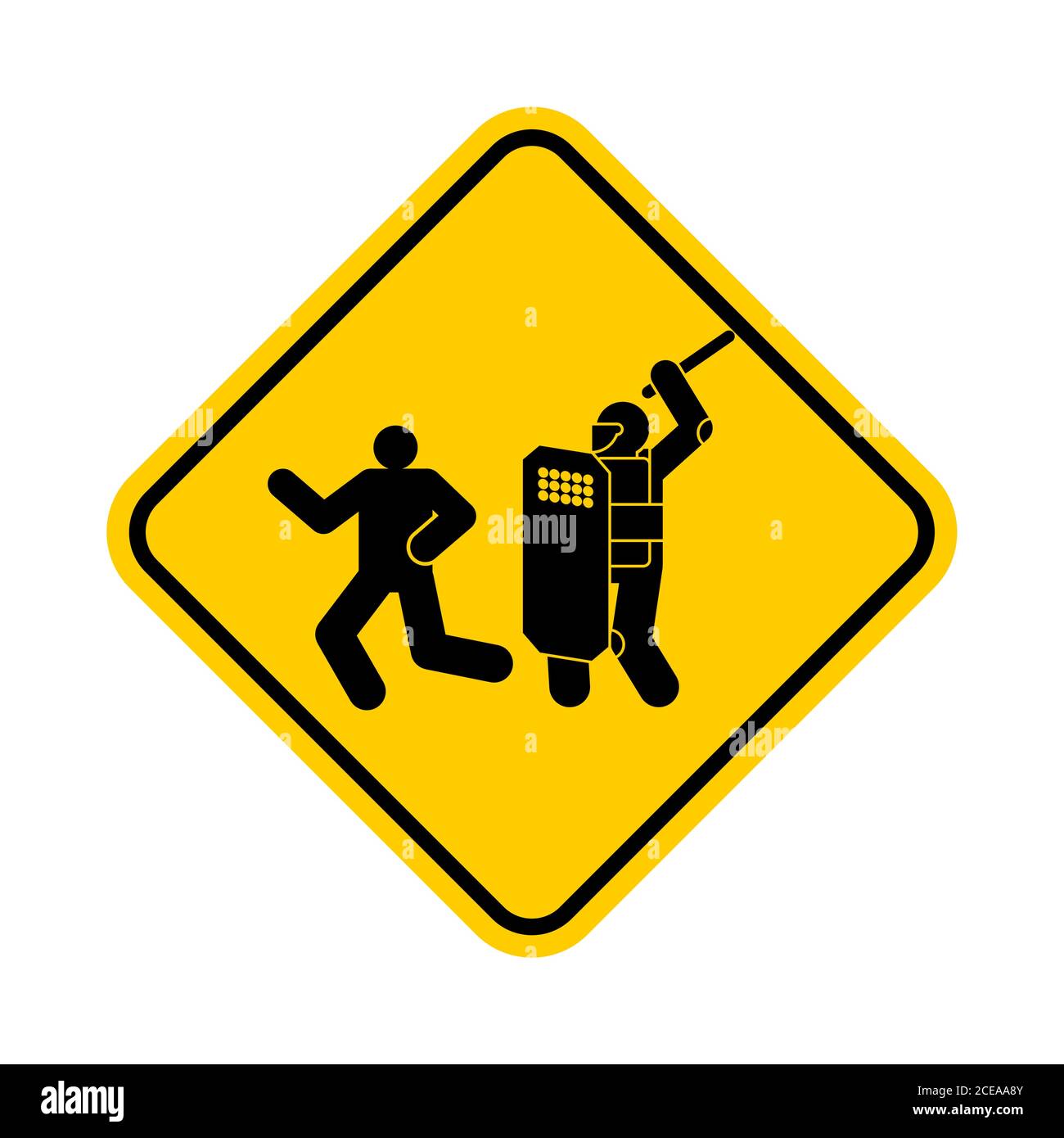 Attention police arbitrariness. Warning yellow road sign. Caution riot ...