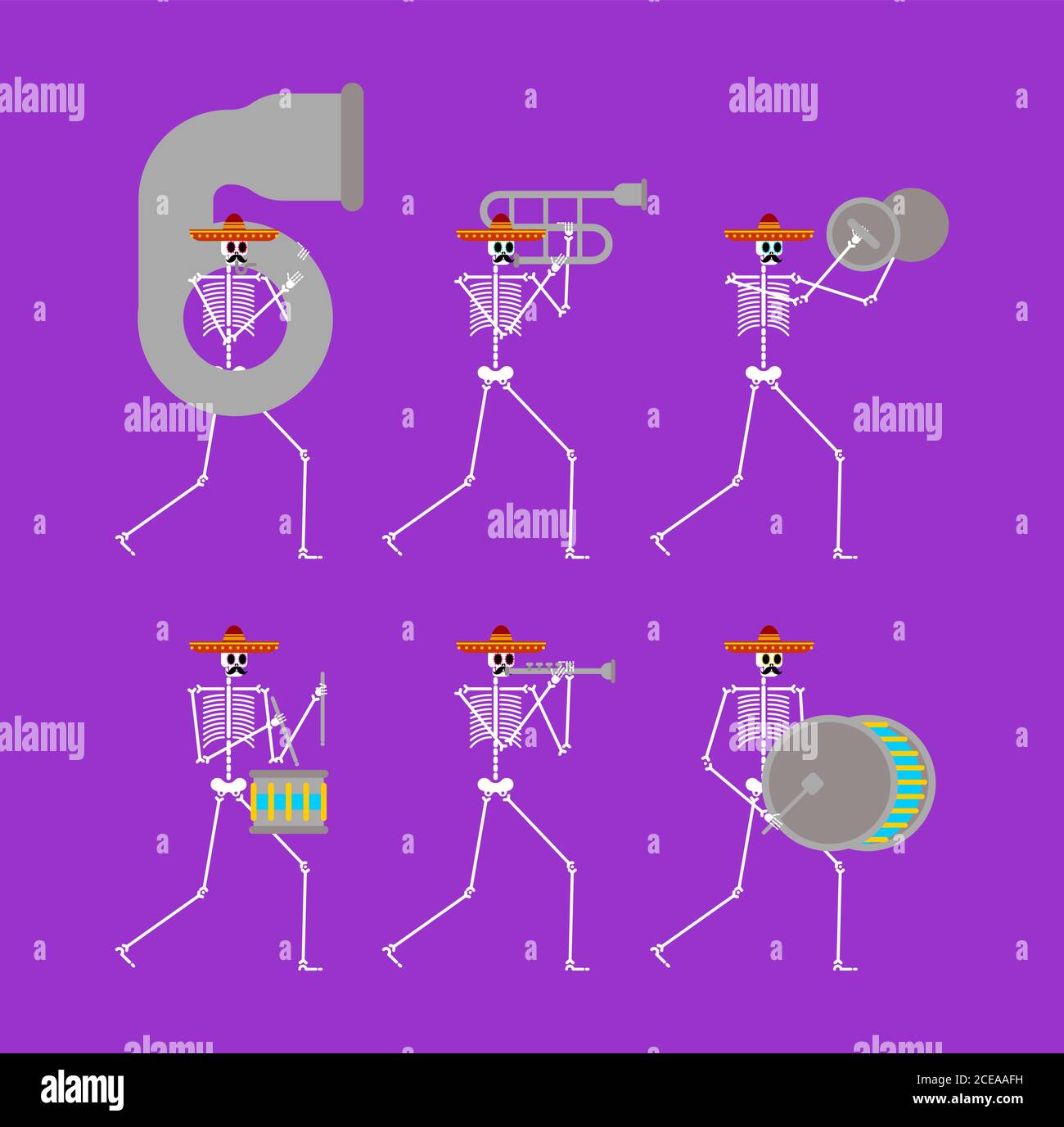 Skeleton music band. Dead man with musical instrument. Skull in ...