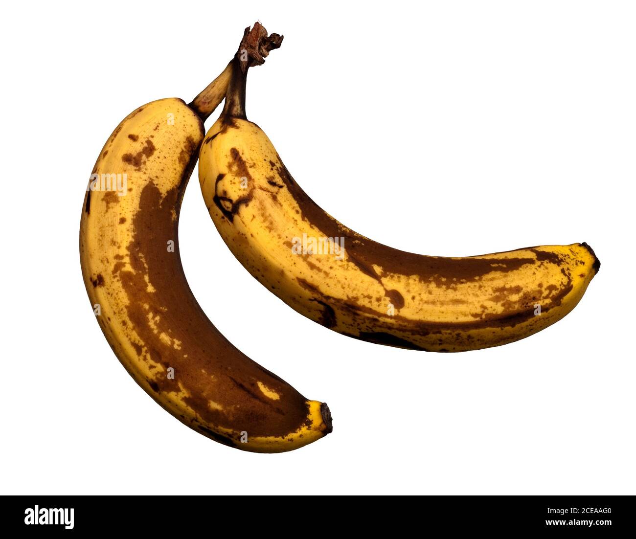 Two stained, spotted bananas on white background Stock Photo - Alamy
