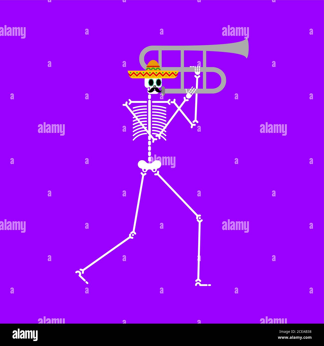 Skeleton and trombone. Dead man with musical instrument. Dead music ...
