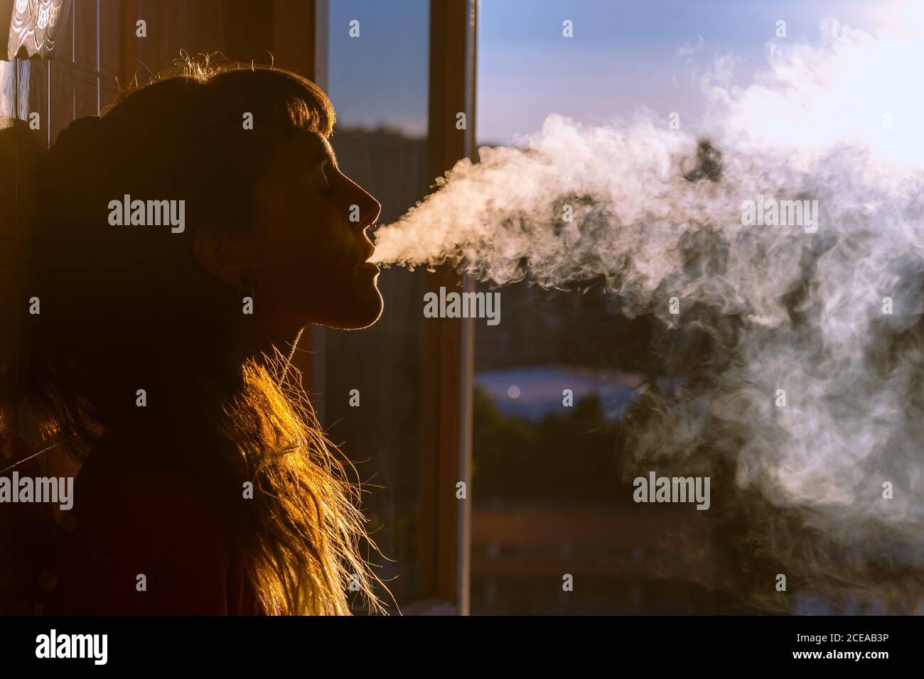 Woman smoking by window hi-res stock photography and images - Alamy