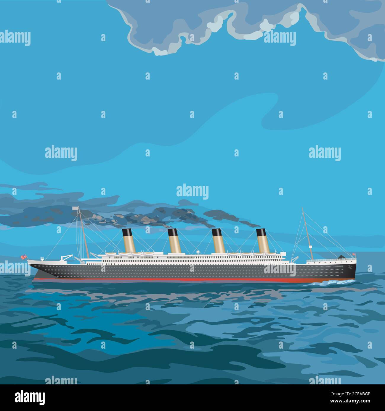 Titanic, vintage steam ship illustration with black smoke pouring out ...