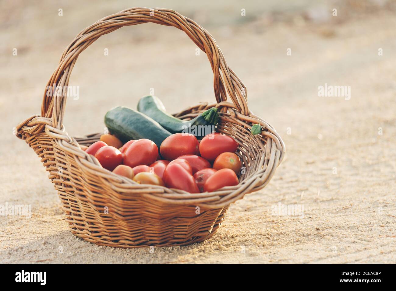 Big hamper with pile of red tomatoes and green†vegetable marrows on ...