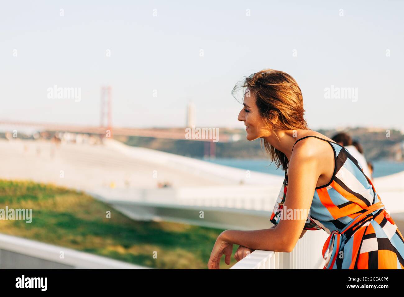 Side view of elegant Woman in dress leaning on fence on bridge ...