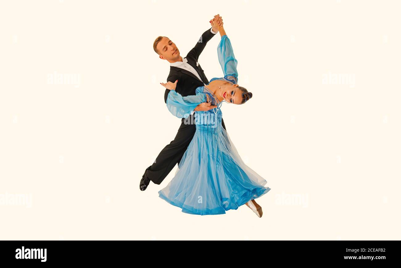 dance ballroom couple in red dress dance pose isolated on black ...