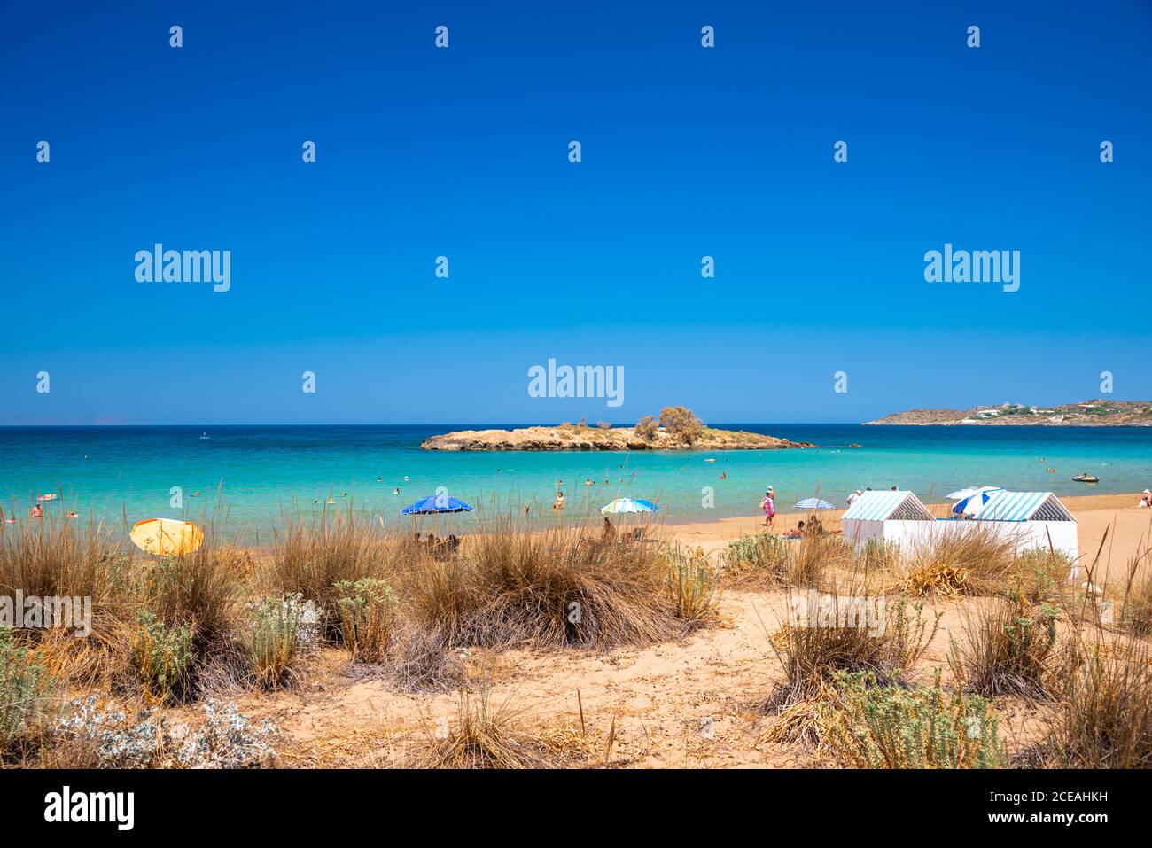 Sandy beach of Kalathas with the picturesque islet in Akrotiri Chania ...