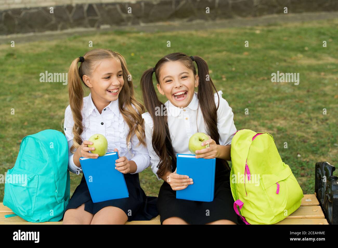 Happy school friends little girls having fun, emotional development ...