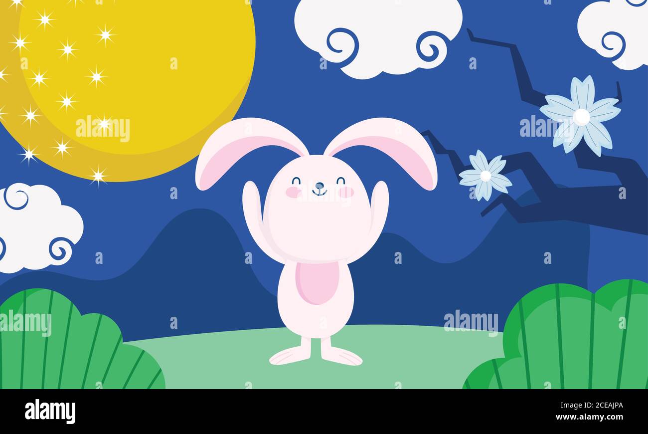 happy mid autumn festival, bunny full moon flowers grass nature ...