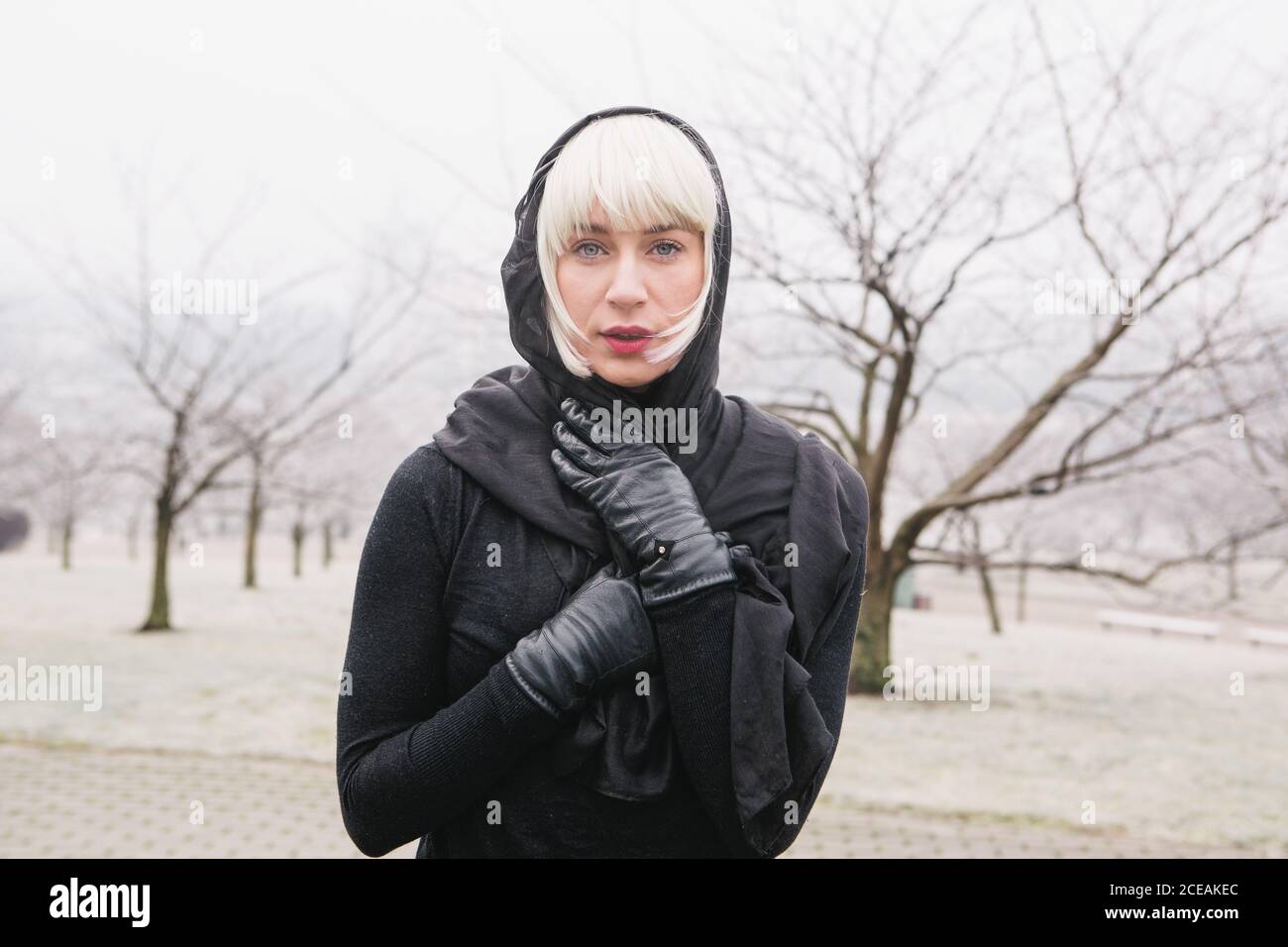 Attractive young Woman in black wear with sash on head looking at ...