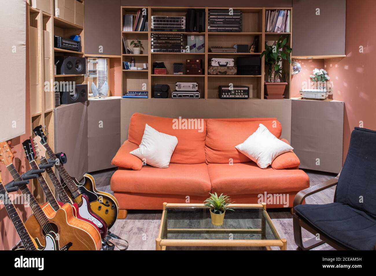Set of various guitars standing near comfortable couch in stylish room ...