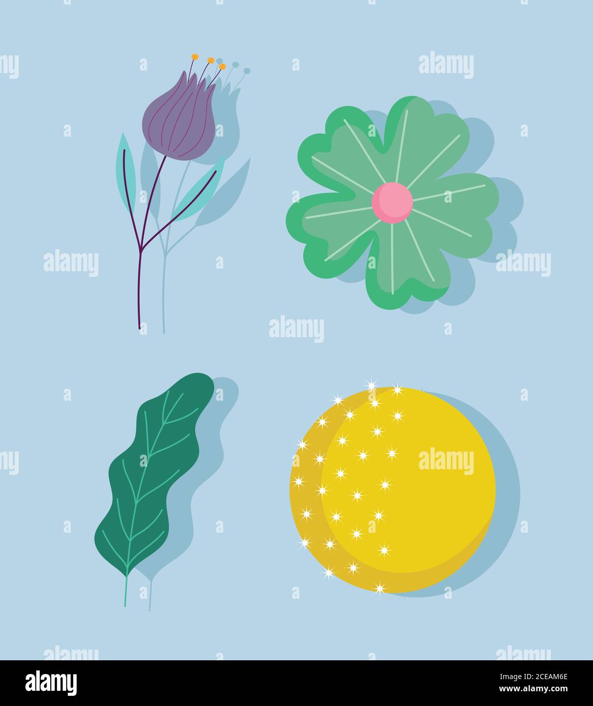cartoon full moon flowers leaf nature decoration icons vector design ...