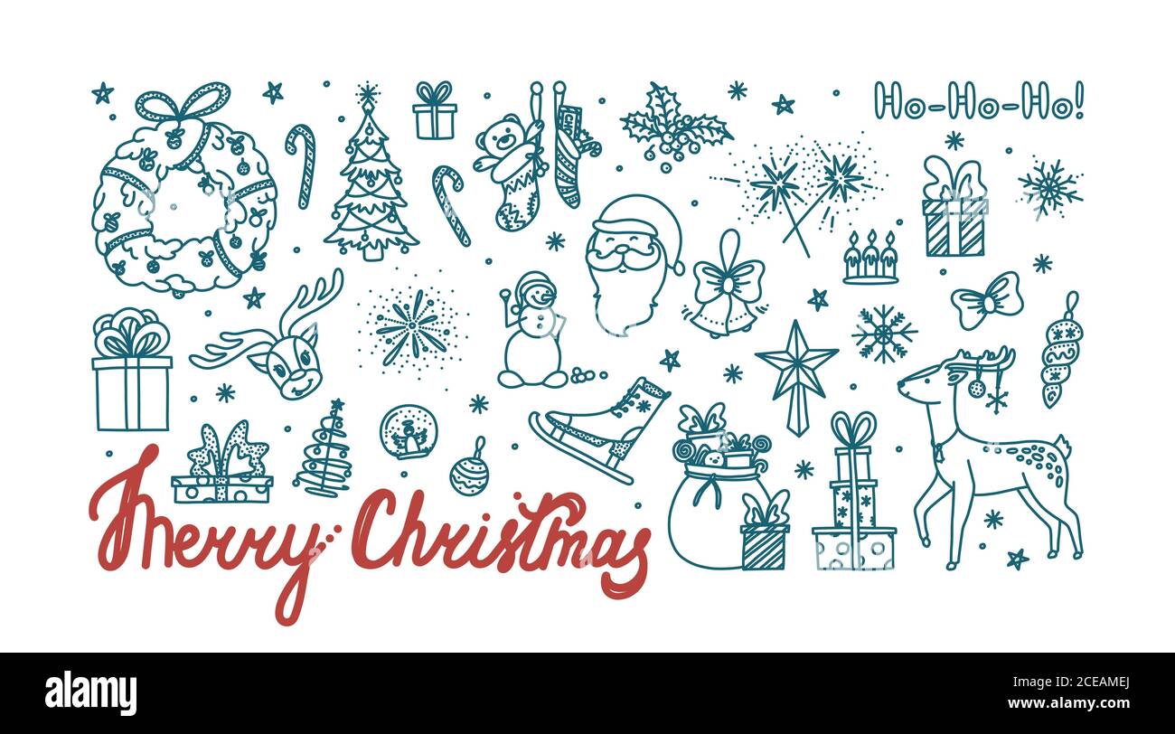 Merry Christmas doodle card with all holiday objects. Hand drawn ...