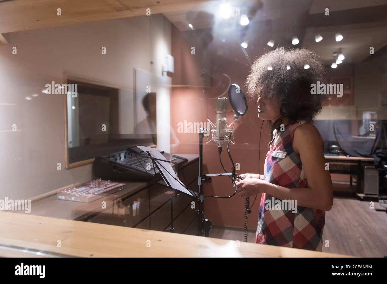 Attractive young Woman standing near microphone in recording studio and ...