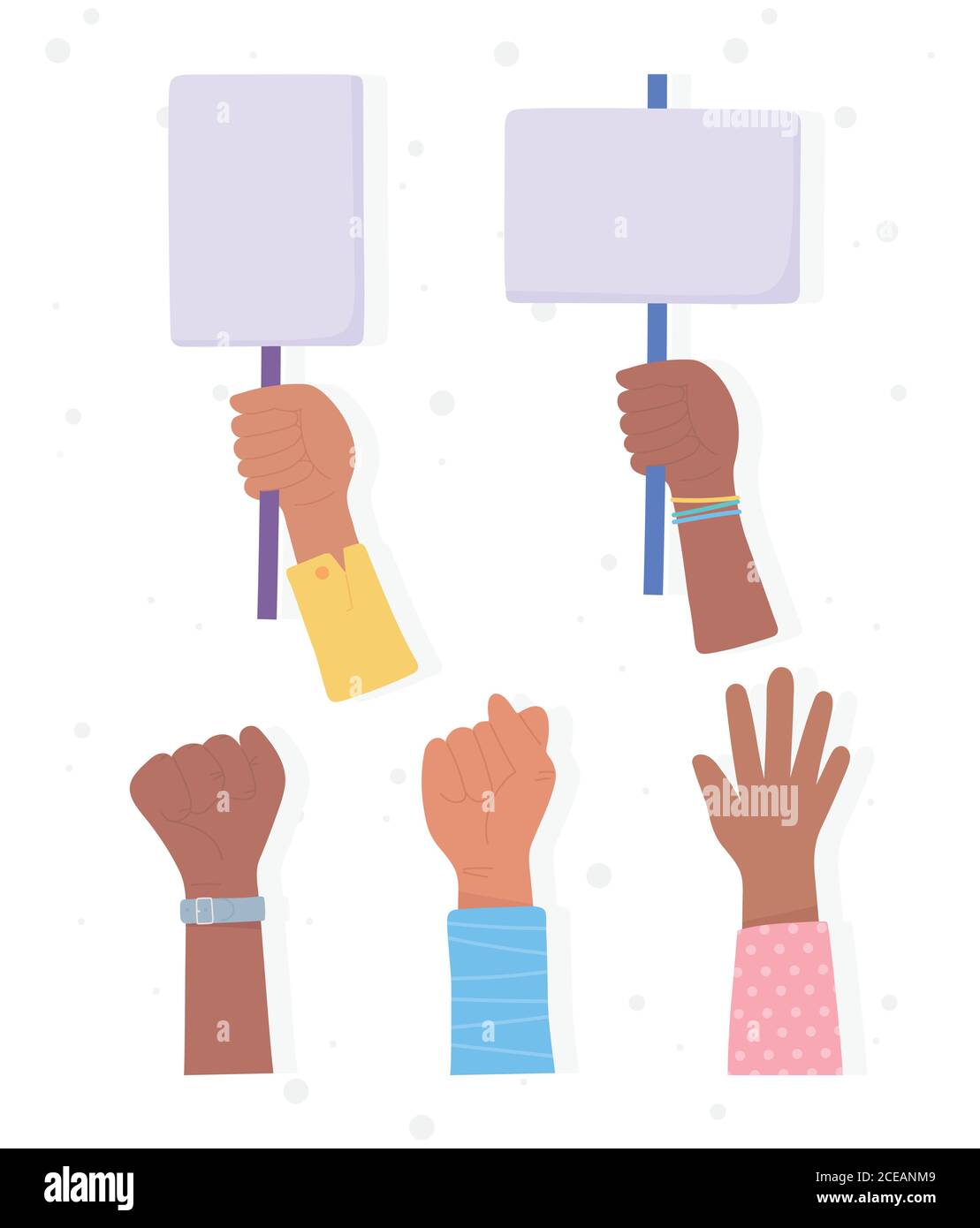 black lives matter banner for protest, raised hands with playcards ...