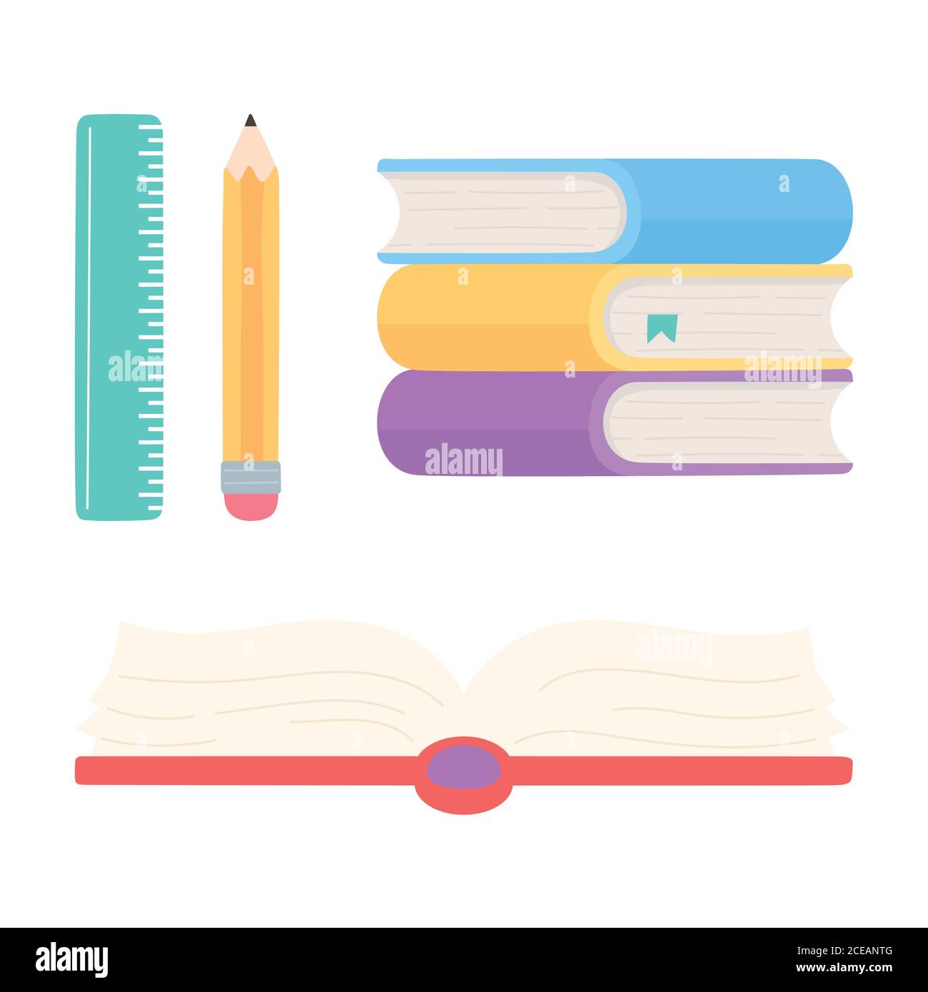 school ruler pencil open textbook and books icons supplies vector ...