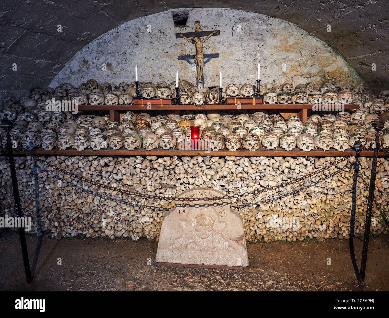 HALLSTATT, AUSTRIA. 06/16/2019: Skulls painted with names, flowers and ...